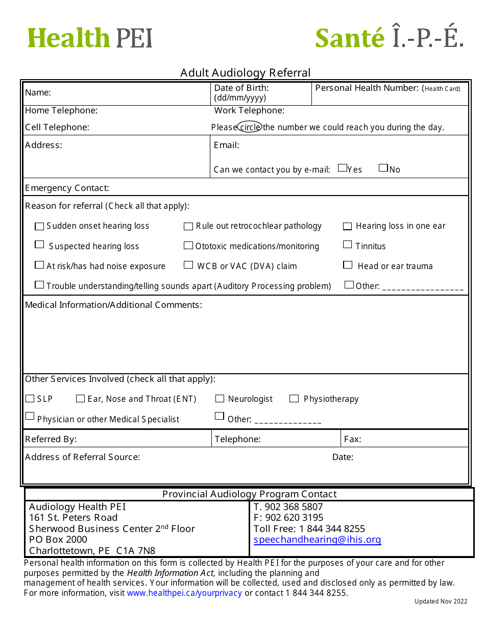Prince Edward Island Canada Adult Audiology Referral - Fill Out, Sign ...