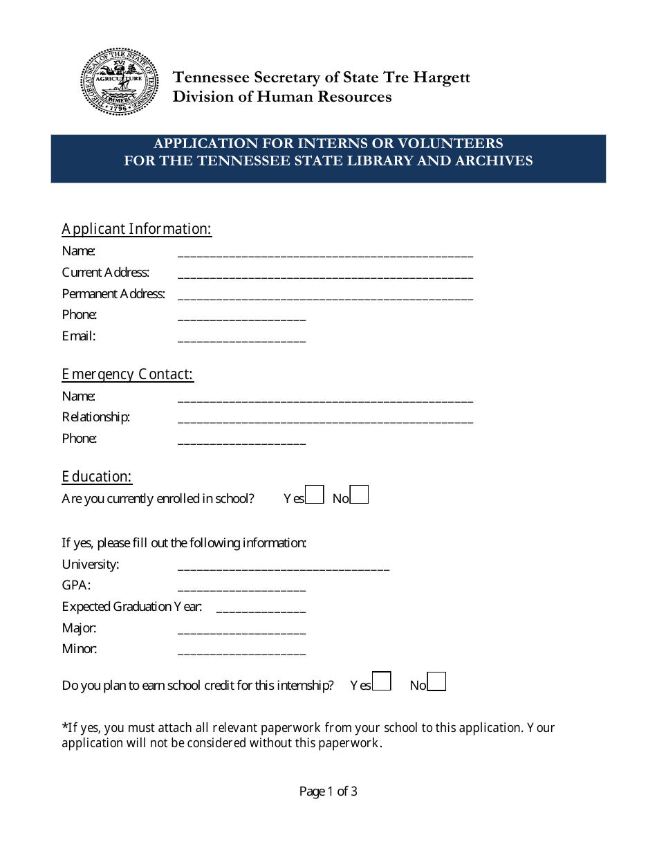 Tennessee Application for Interns or Volunteers for the Tennessee State ...
