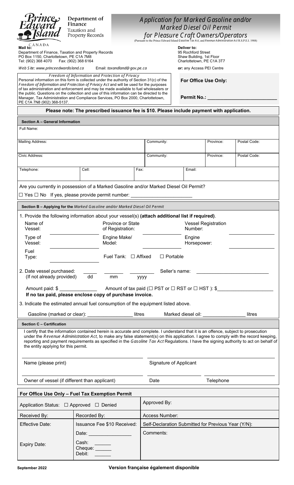 Prince Edward Island Canada Application for Marked Gasoline and/or ...