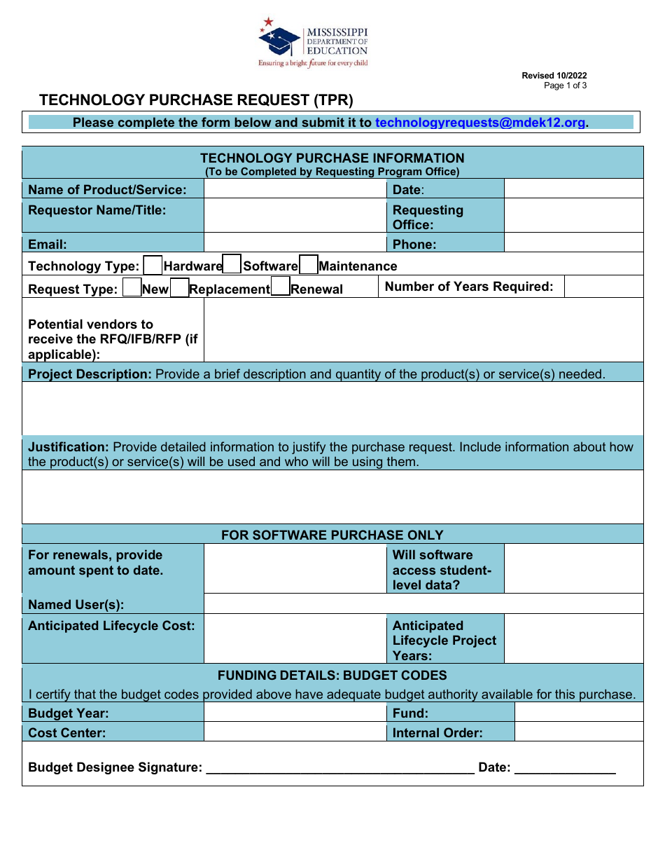 Mississippi Technology Purchase Request (Tpr) - Fill Out, Sign Online ...