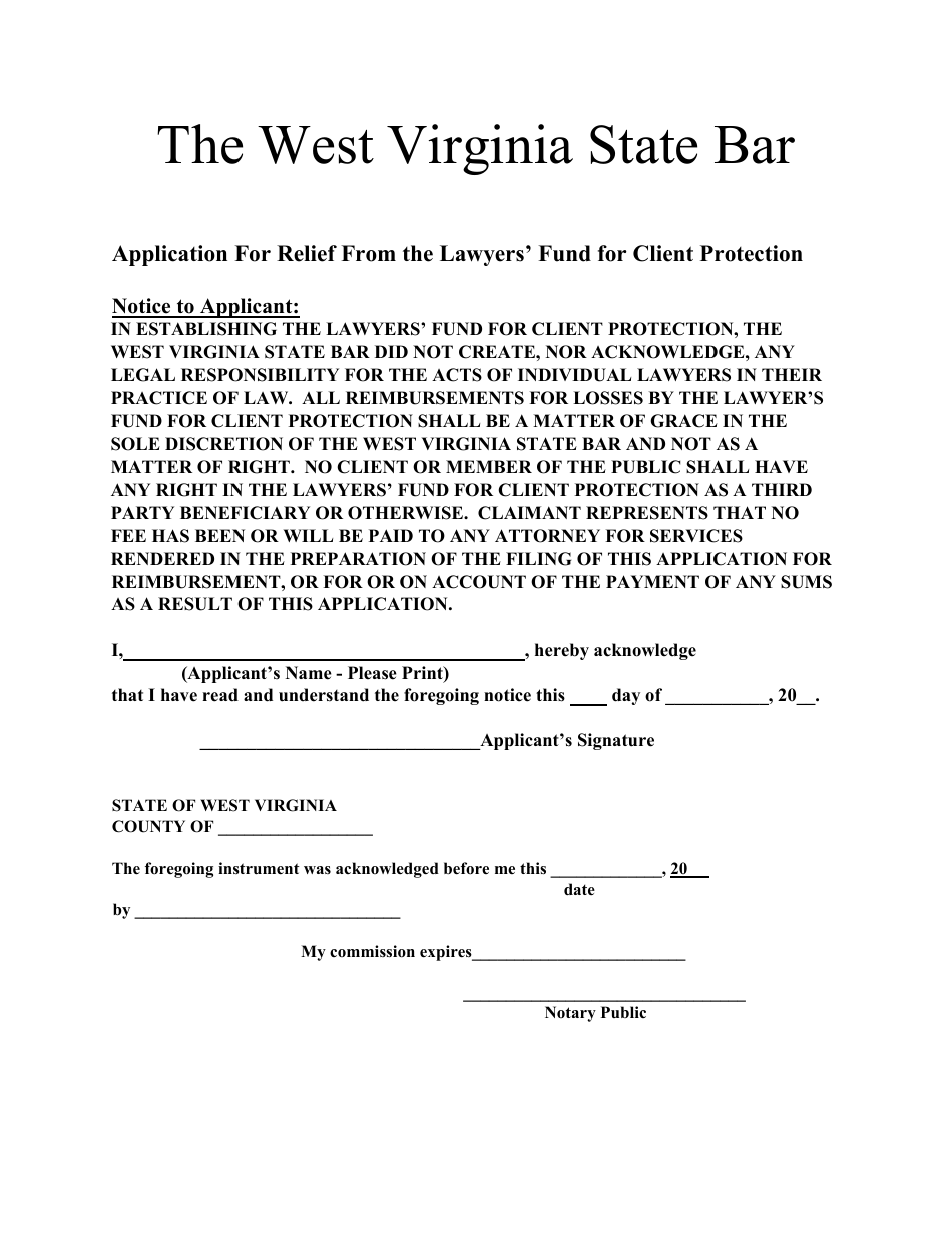 West Virginia Application for Relief From the Lawyers' Fund for Client ...