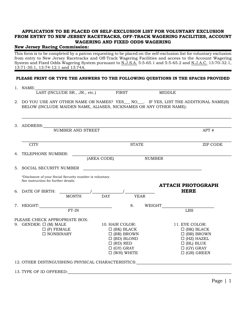 New Jersey Application to Be Placed on Self-exclusion List for ...