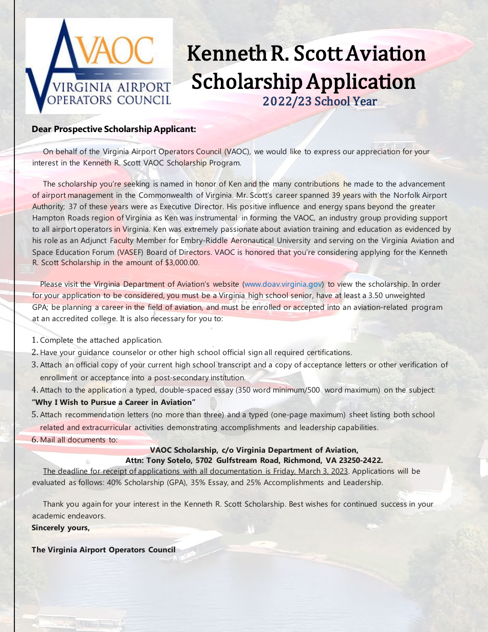 2023 Virginia Kenneth R. Scott Aviation Scholarship Program Application ...