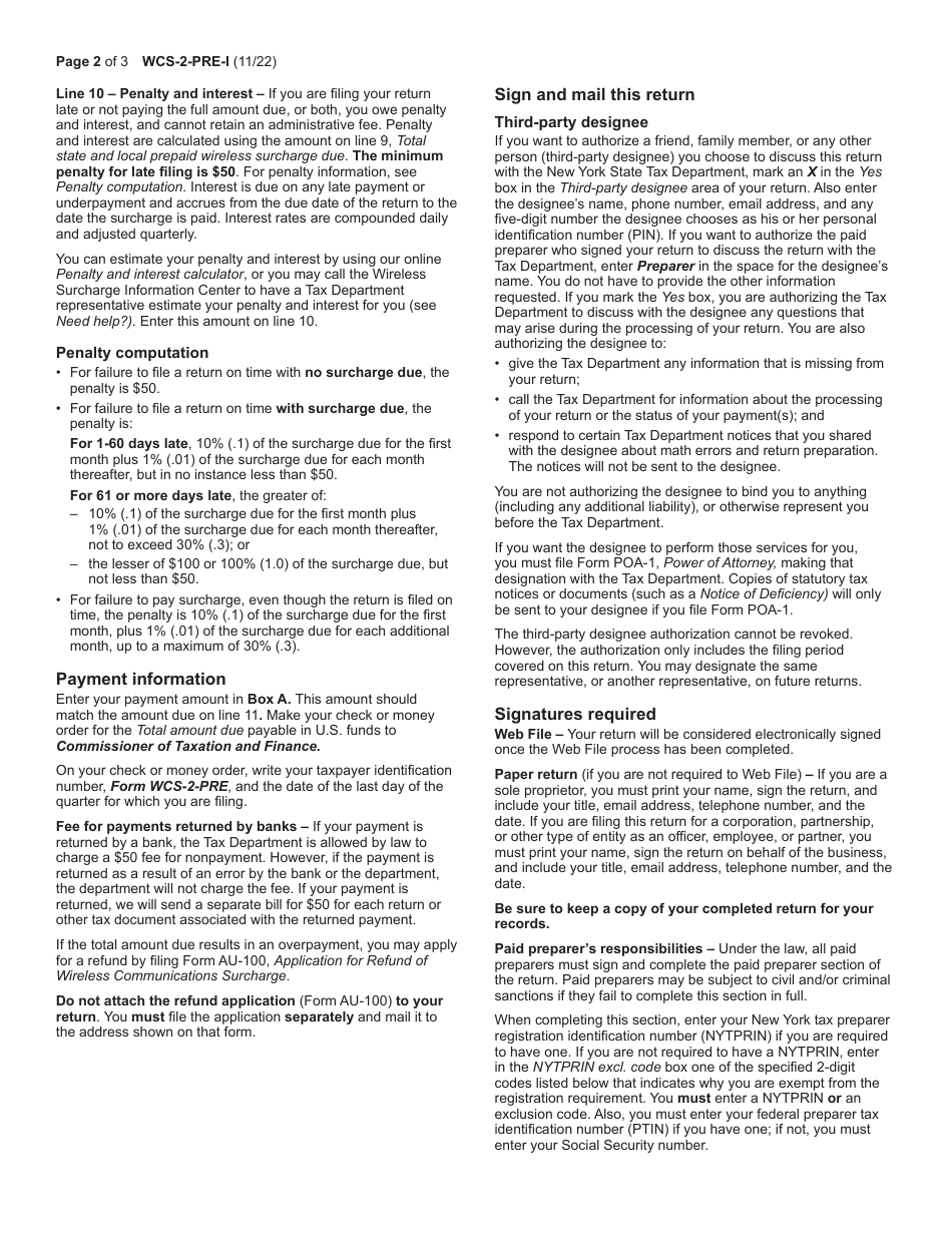 Download Instructions for Form WCS-2-PRE Prepaid Wireless Communications Surcharge Return PDF ...