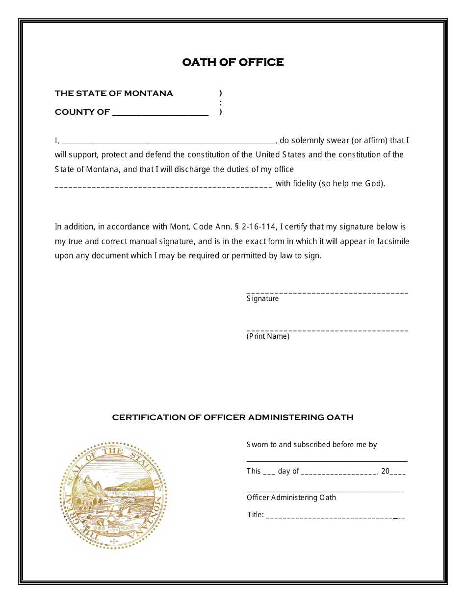 Montana Oath of Office - Fill Out, Sign Online and Download PDF ...