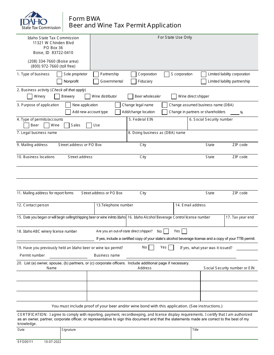 Form BWA (EFO00111) - Fill Out, Sign Online and Download Fillable PDF ...