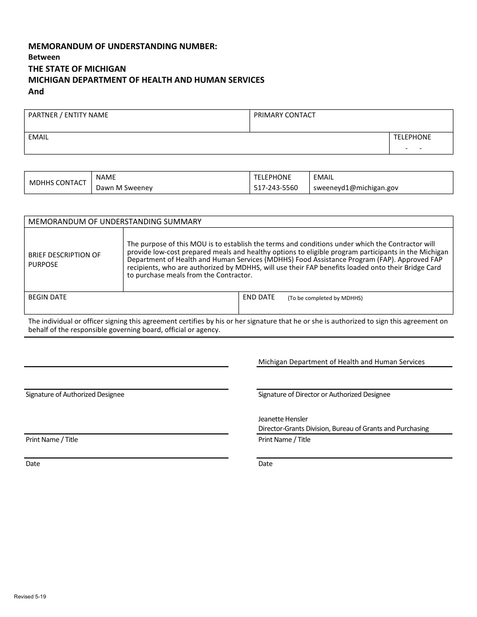 Michigan Memorandum of Understanding (Mou) - Restaurant Meal Program ...