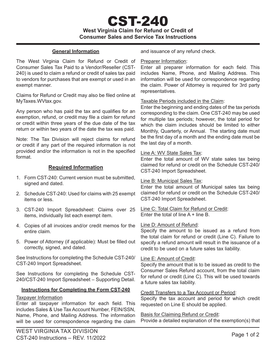Download Instructions for Form CST-240 Claim for Refund or Credit of ...