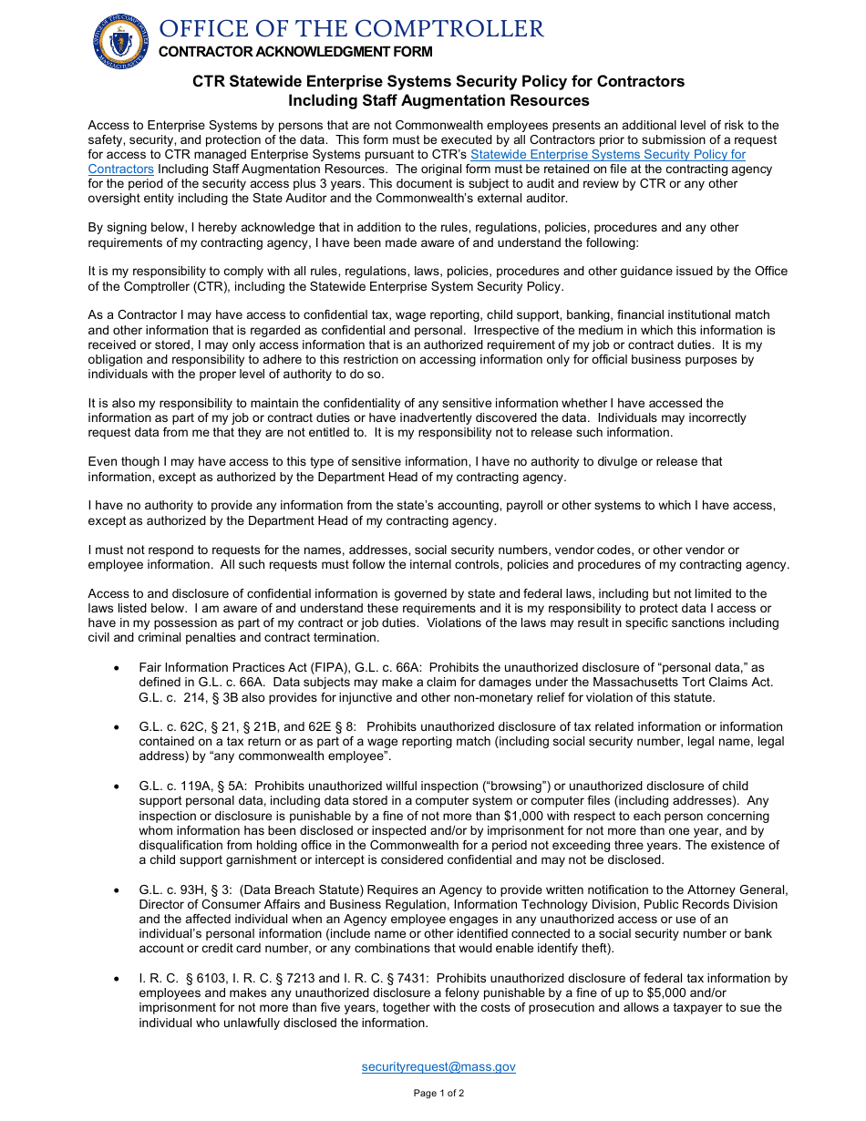 Massachusetts Contractor Acknowledgment Form - Fill Out, Sign Online ...