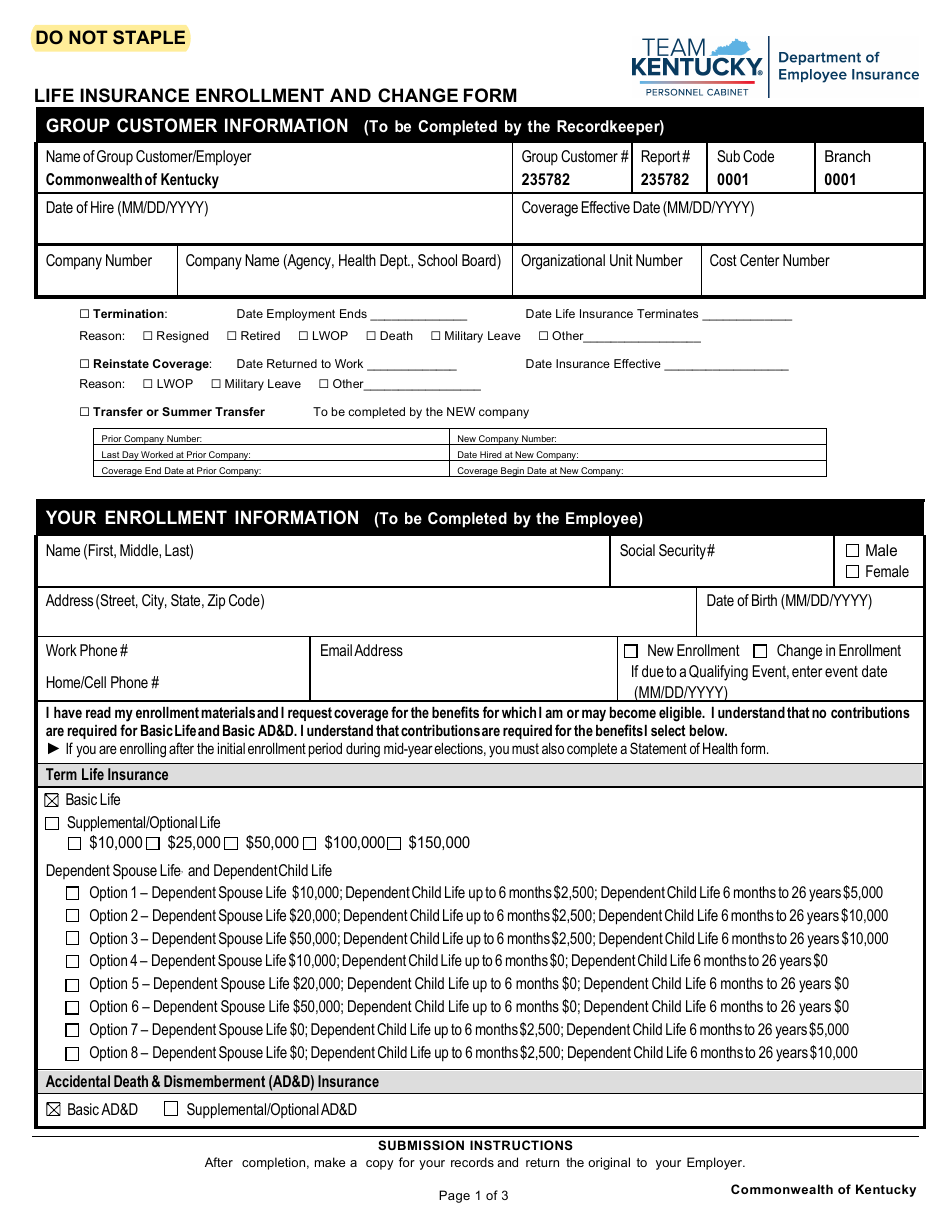 Kentucky Life Insurance Enrollment and Change Form - Fill Out, Sign ...