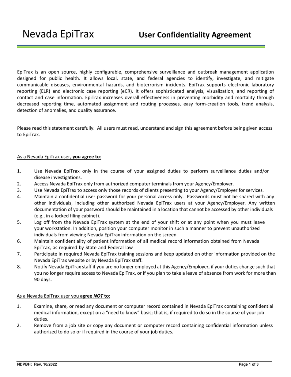 Nevada User Confidentiality Agreement - Nevada Epitrax - Fill Out, Sign ...