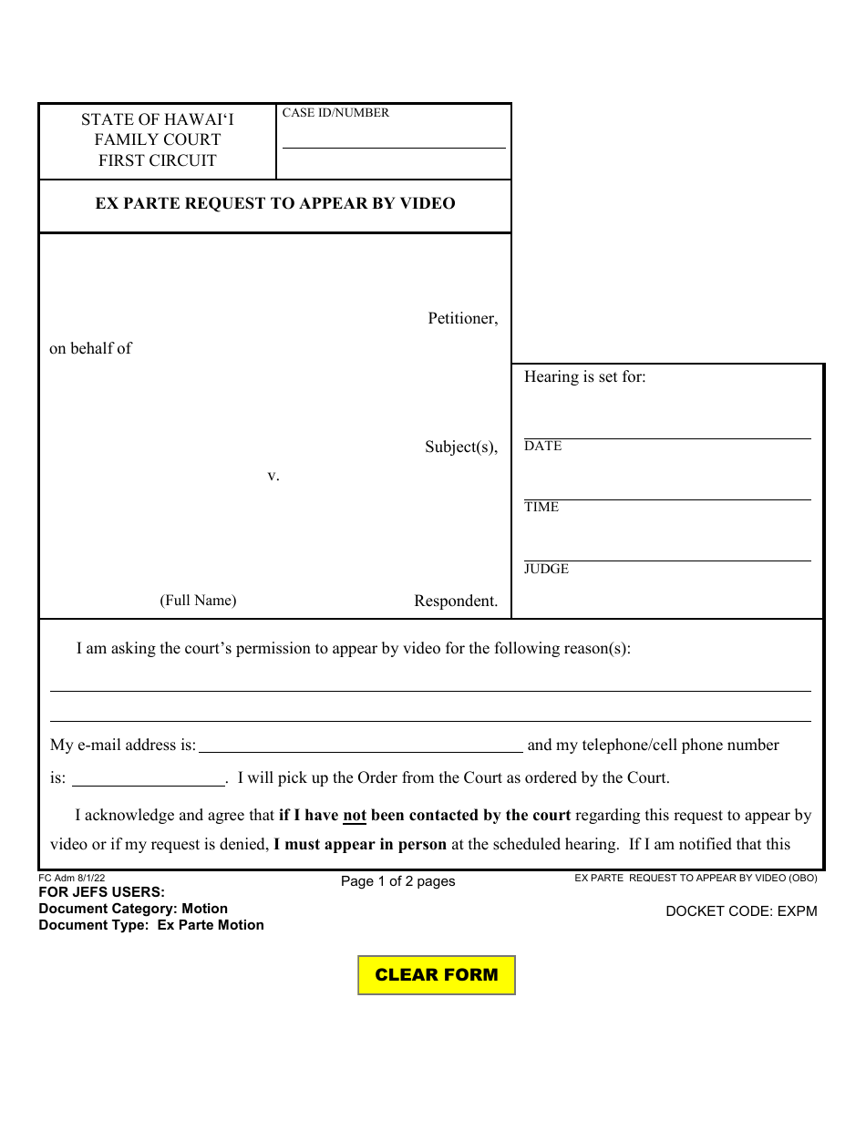 Hawaii Ex Parte Request to Appear by Video Download Fillable PDF ...