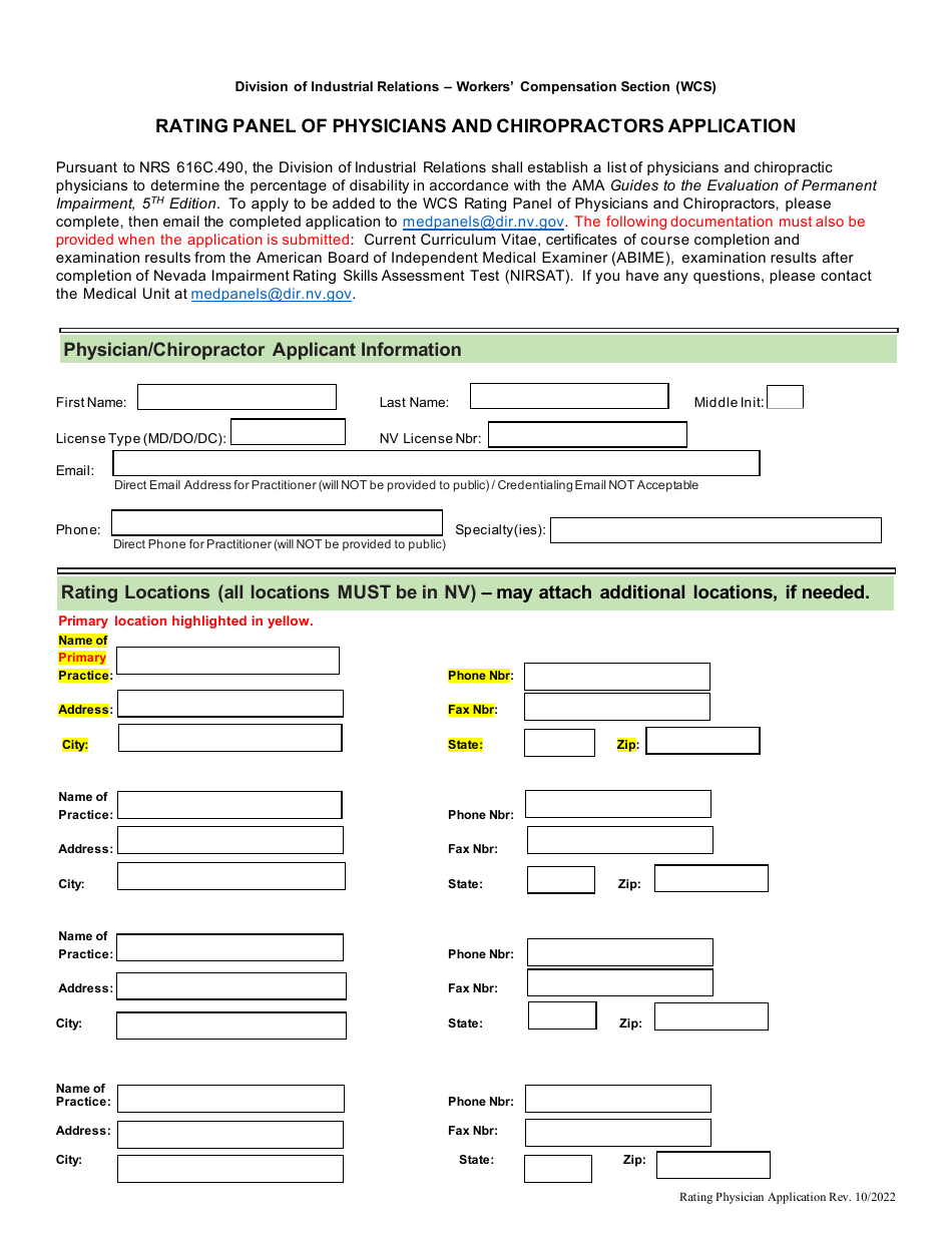 Nevada Rating Panel of Physicians and Chiropractors Application - Fill ...
