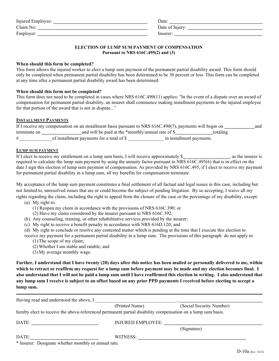 Form D-10A - Fill Out, Sign Online and Download Fillable PDF, Nevada ...