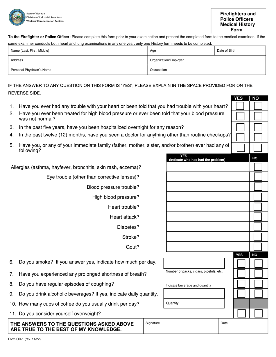 Form OD-1 - Fill Out, Sign Online and Download Fillable PDF, Nevada ...