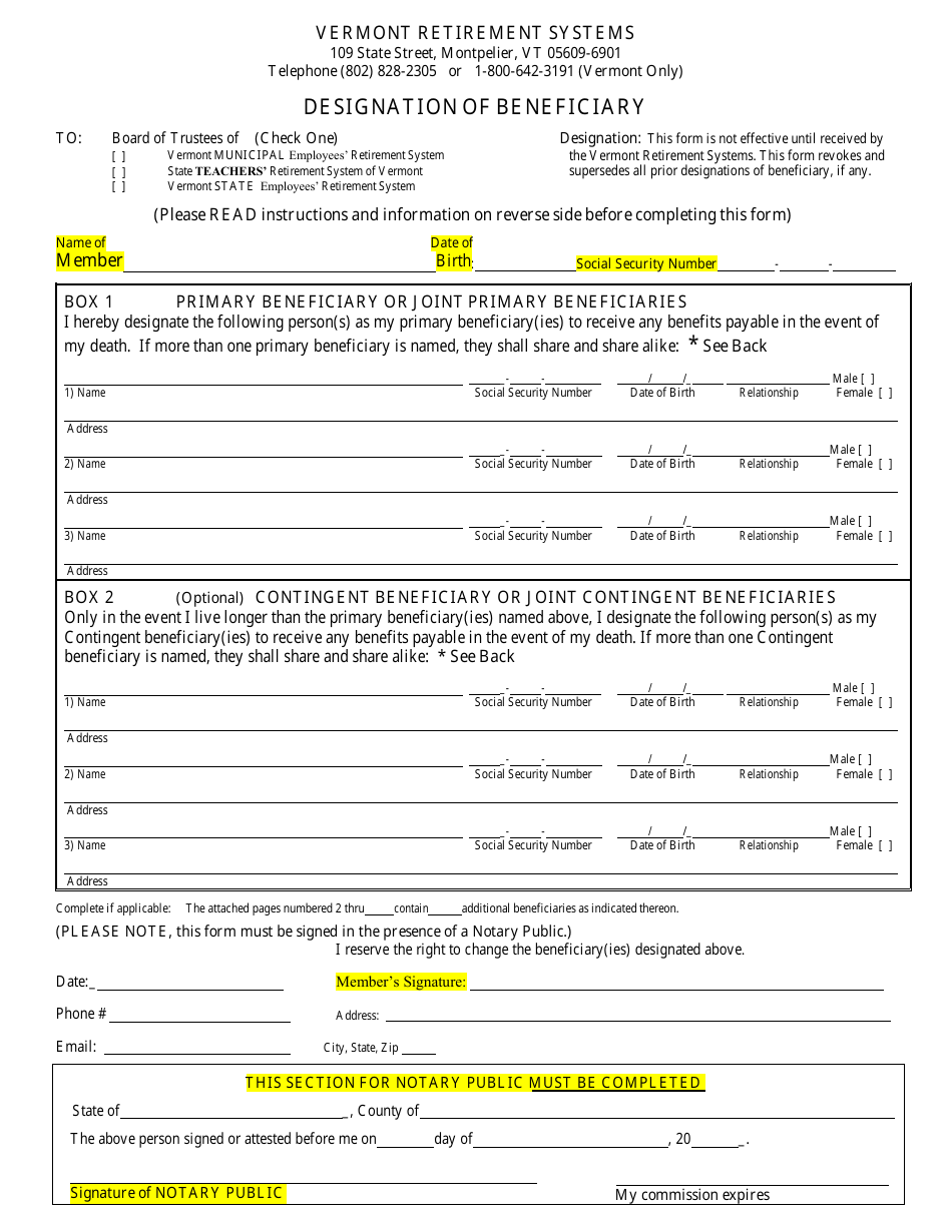 Vermont Designation of Beneficiary - Fill Out, Sign Online and Download ...
