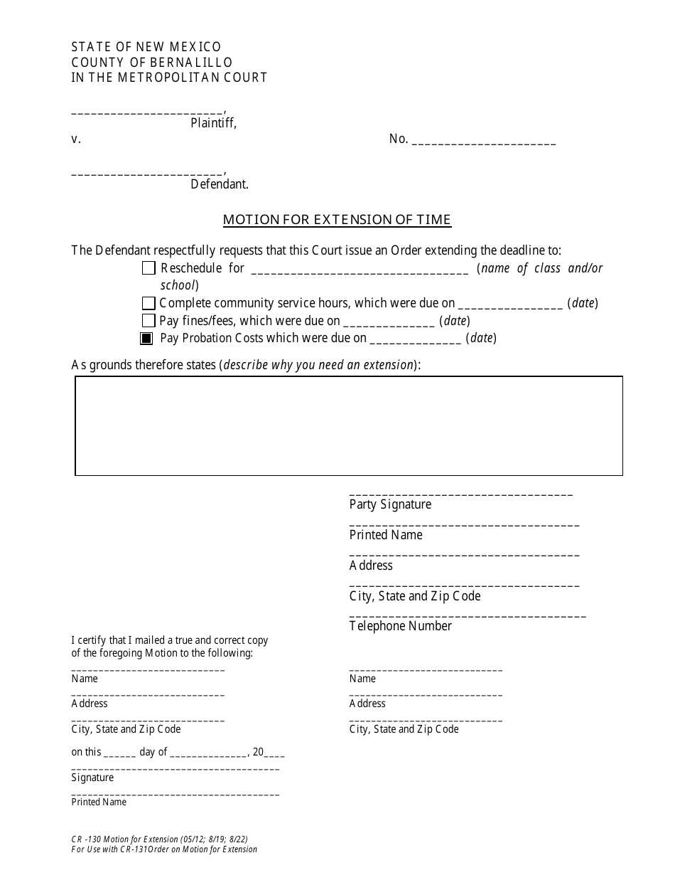 Form CR-130 Download Fillable PDF or Fill Online Motion for Extension ...