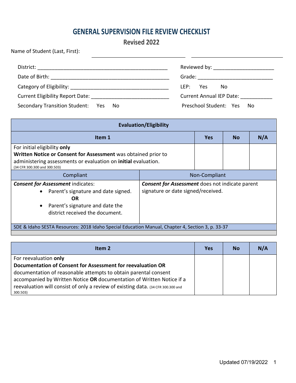 Idaho General Supervision File Review Checklist Download Printable PDF ...