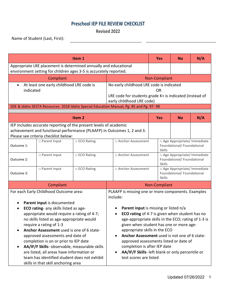 Idaho Preschool Iep File Review Checklist Download Printable PDF ...