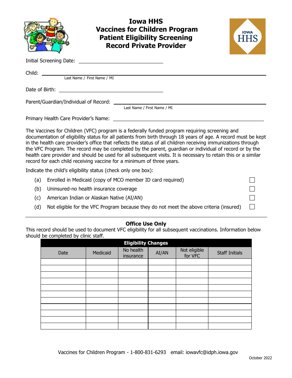 Iowa Patient Eligibility Screening Record Private Provider - Vaccines ...