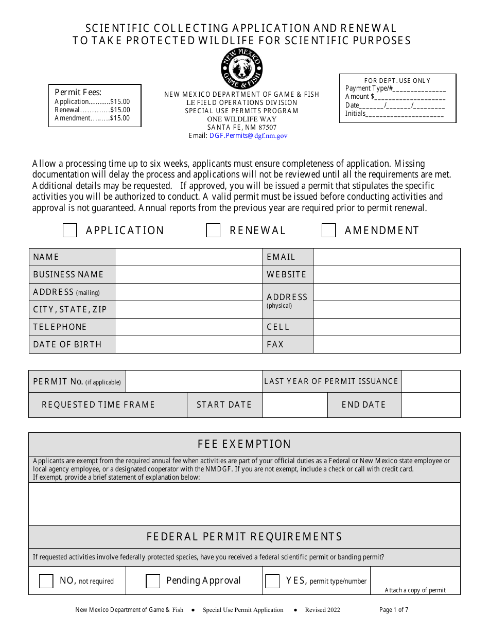 New Mexico Scientific Collecting Application and Renewal to Take ...