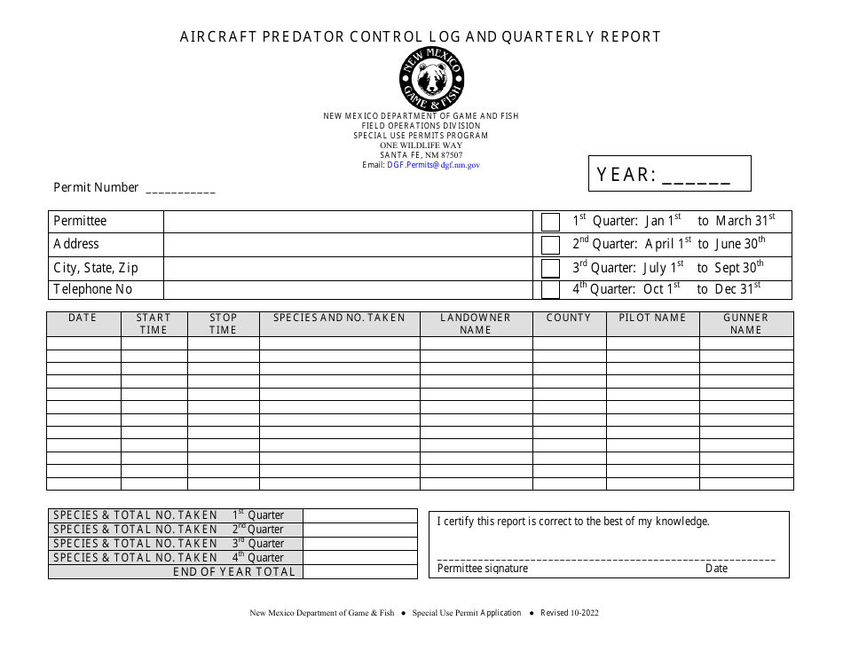New Mexico Aircraft Predator Control Log and Quarterly Report Download ...