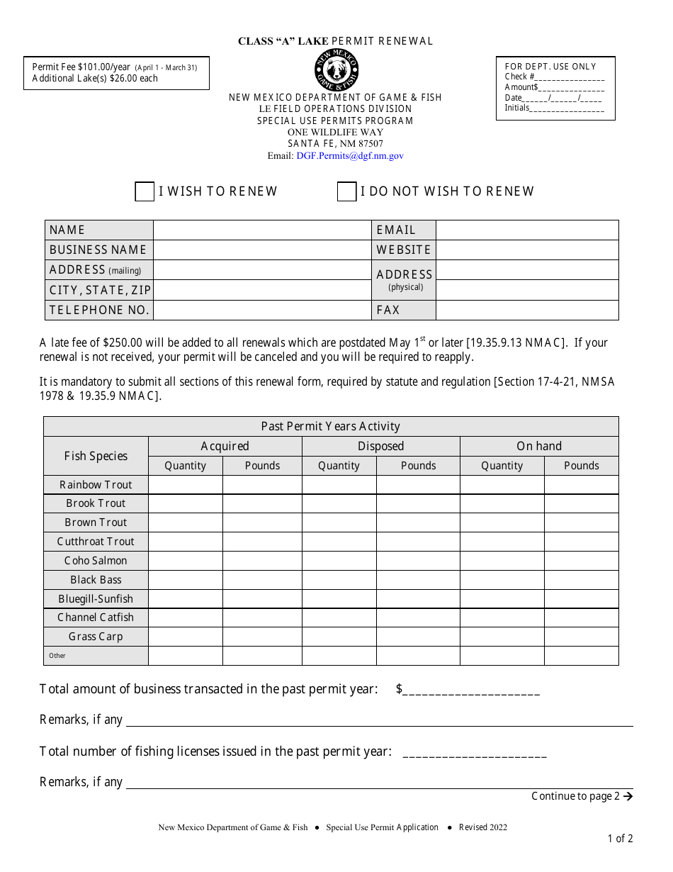 New Mexico Class "a" Lake Permit Renewal Download Fillable PDF ...