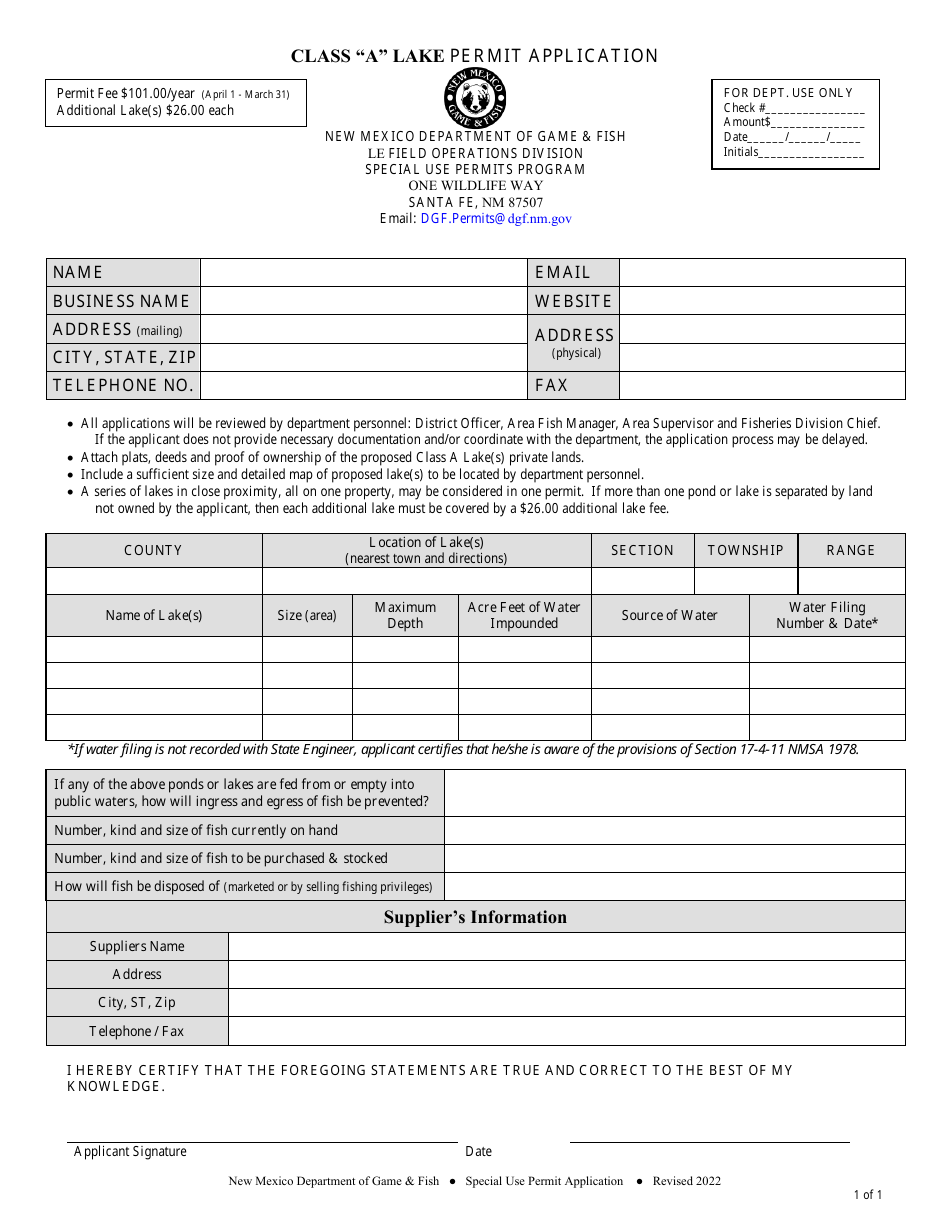 New Mexico Class "a" Lake Permit Application Download Fillable PDF 2013 ...