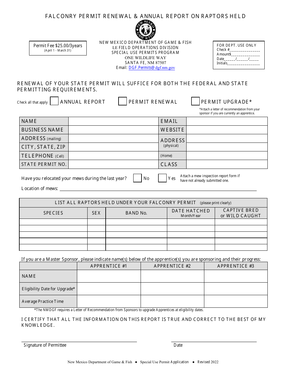 New Mexico Falconry Permit Renewal & Annual Report on Raptors Held ...