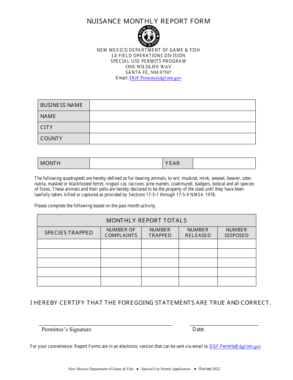 New Mexico Nuisance Monthly Report Form Download Fillable PDF 2013 ...