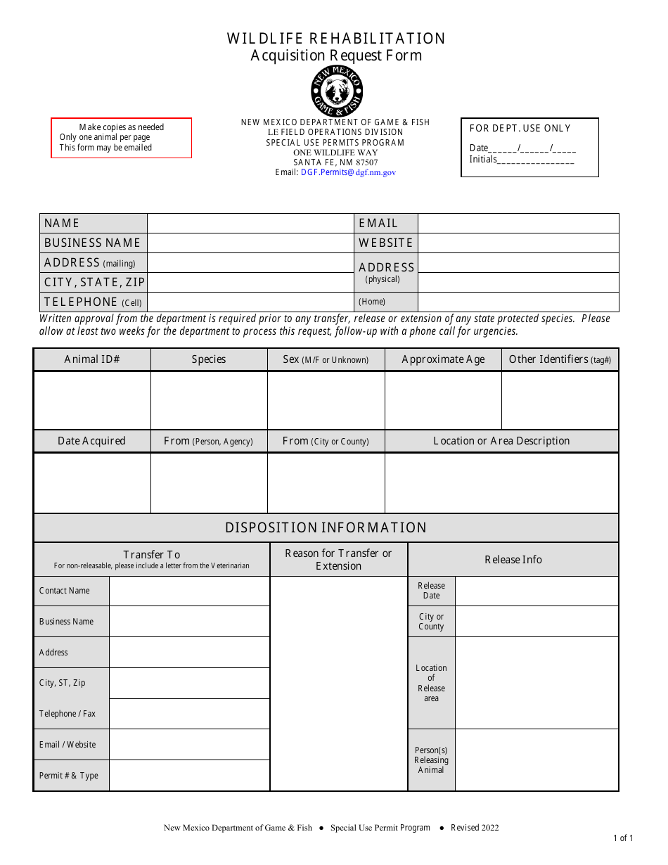 New Mexico Wildlife Rehabilitation Acquisition Request Form Download ...