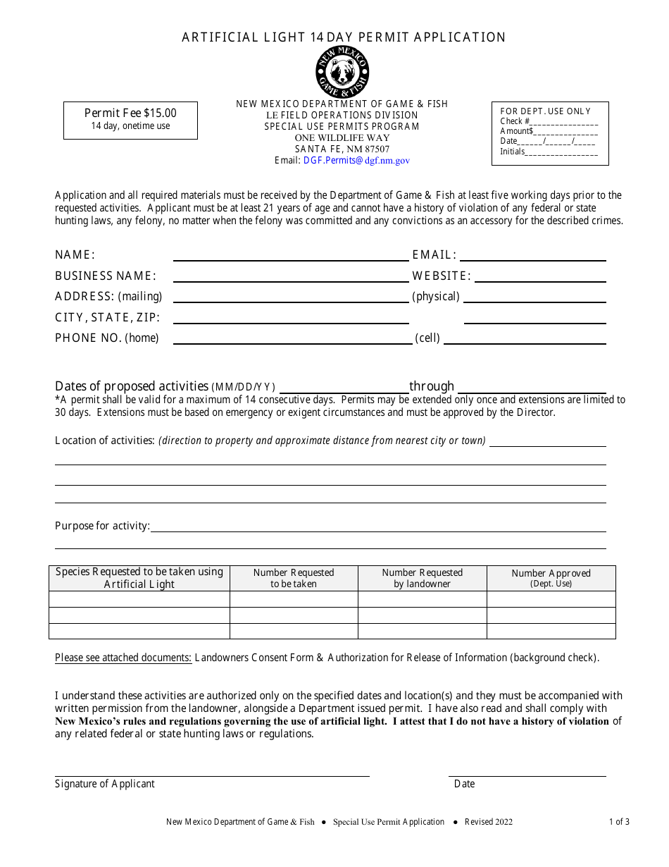 New Mexico Artificial Light 14 Day Permit Application - Fill Out, Sign ...