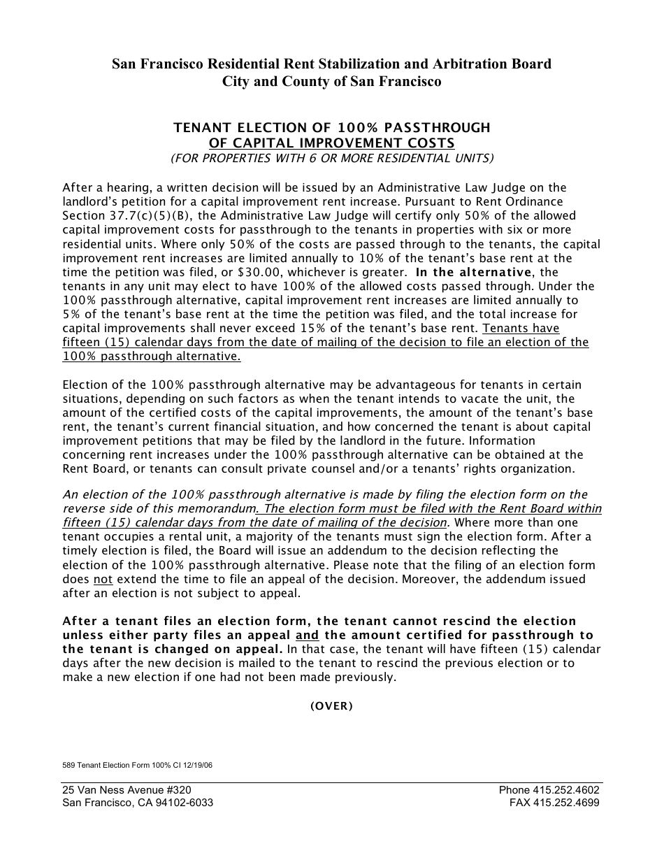 City and County of San Francisco, California Tenant Election Form for ...
