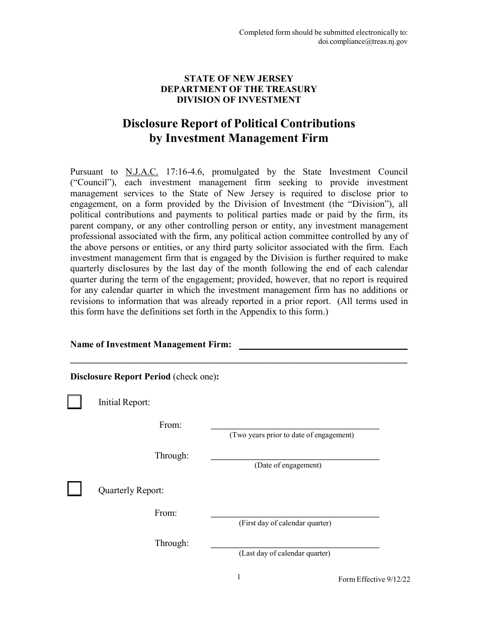New Jersey Disclosure Report of Political Contributions by Investment ...
