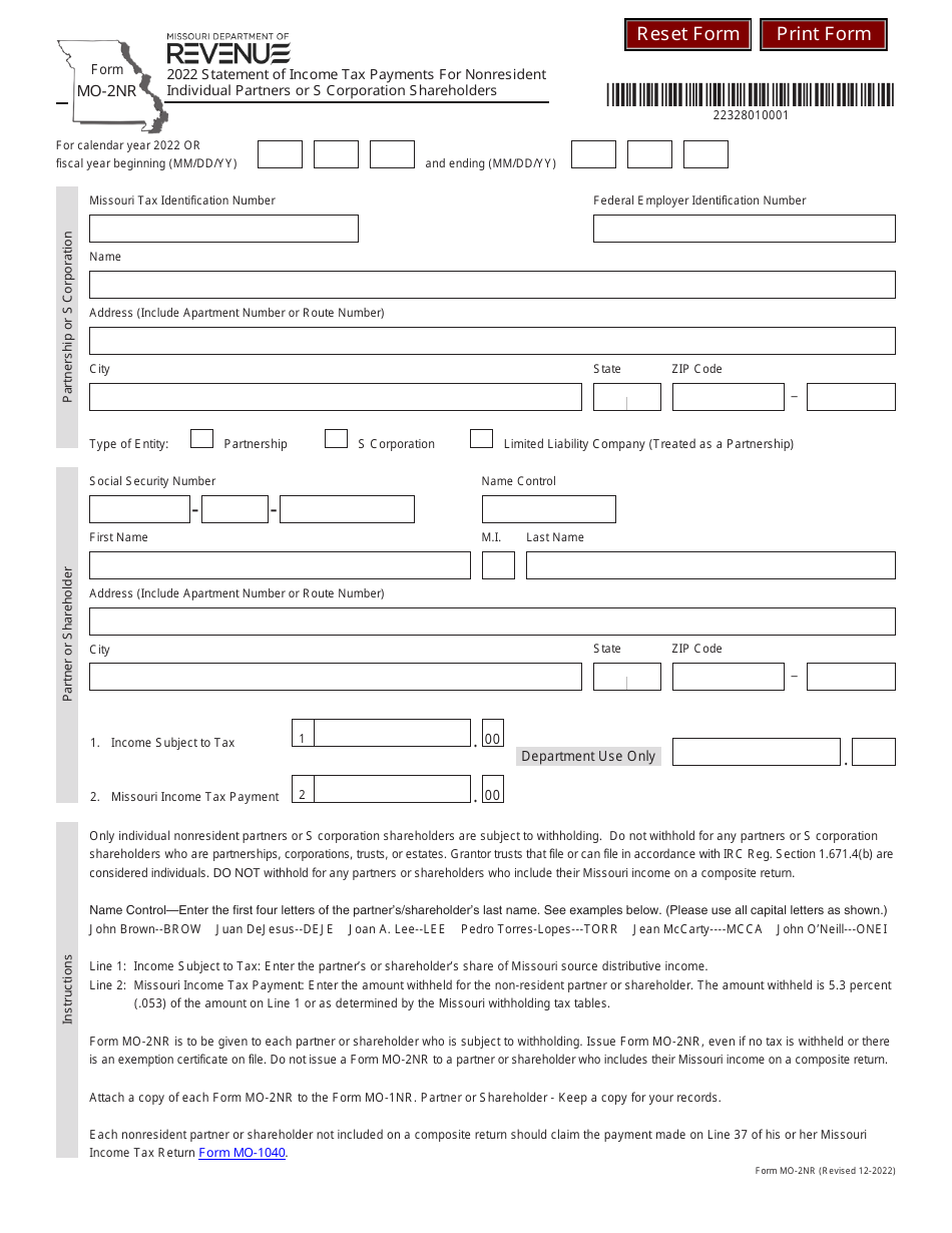 Form MO-2NR Download Fillable PDF or Fill Online Statement of Income ...