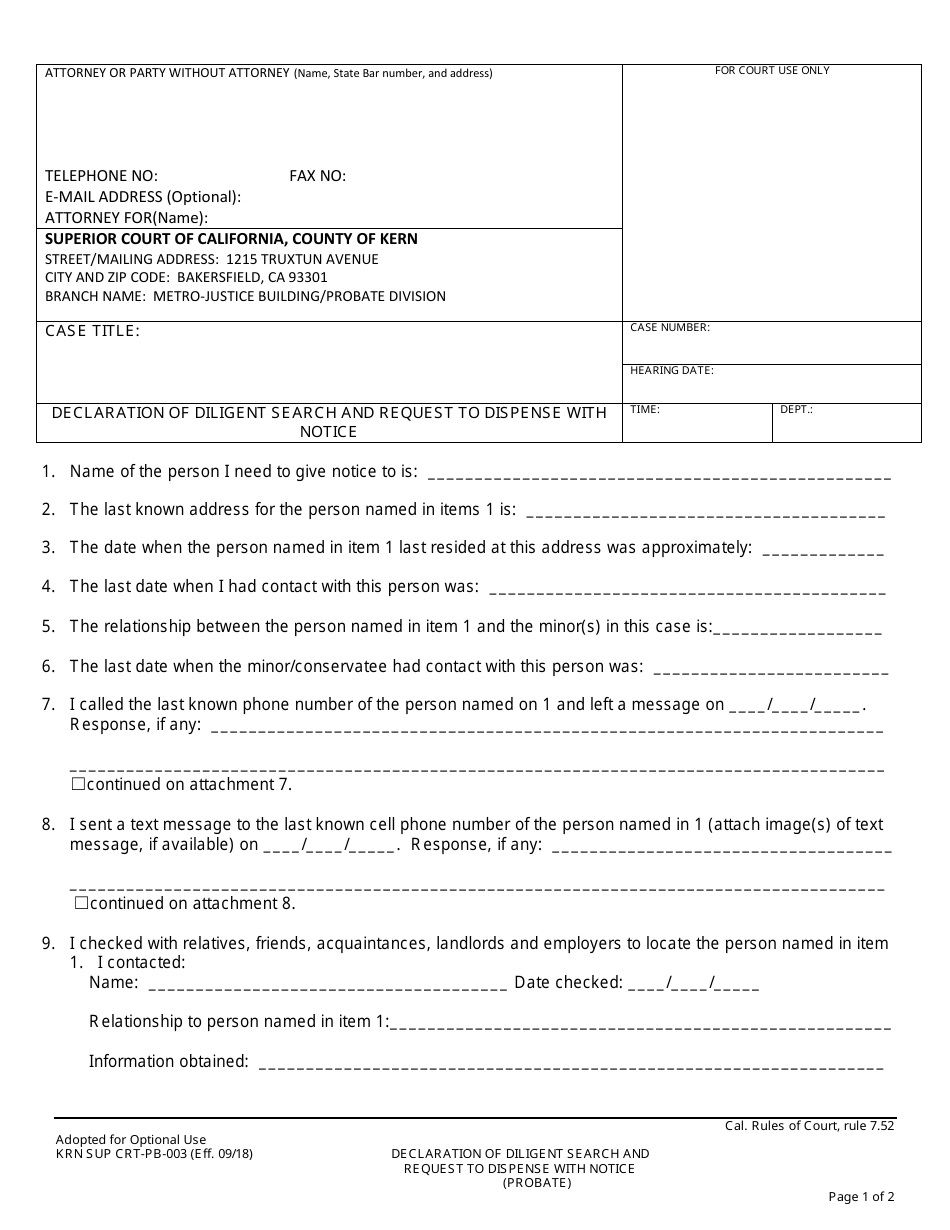 Form KRN SUP CRT-PB-003 - Fill Out, Sign Online and Download Printable PDF, County of Kern ...