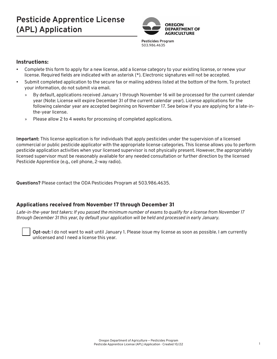 Oregon Pesticide Apprentice License (Apl) Application - Fill Out, Sign Online and Download PDF ...