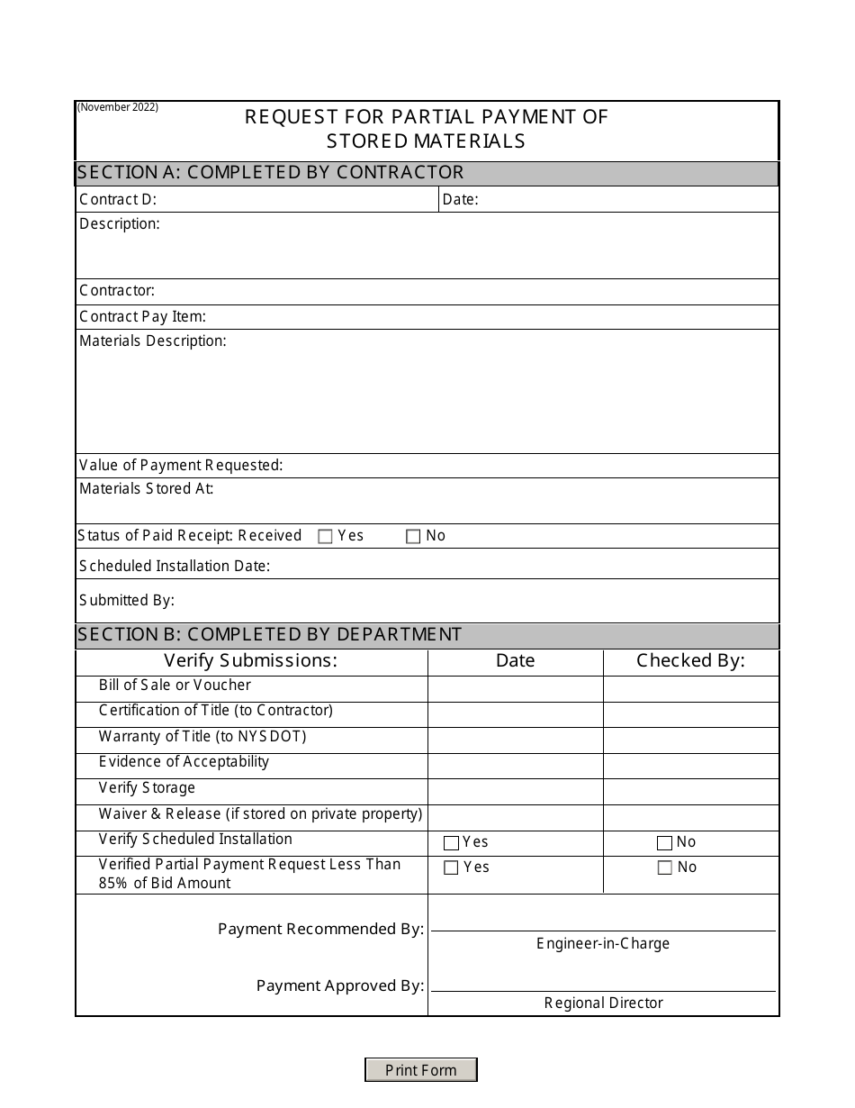 New York Request for Partial Payment of Stored Materials Download ...