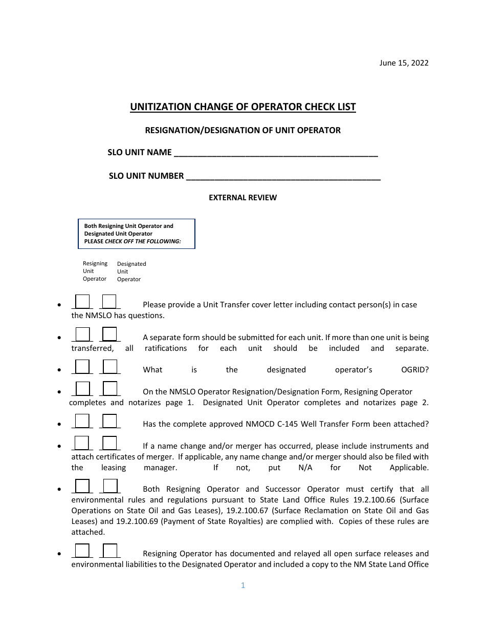 New Mexico Unitization Change of Operator Check List - Fill Out, Sign ...