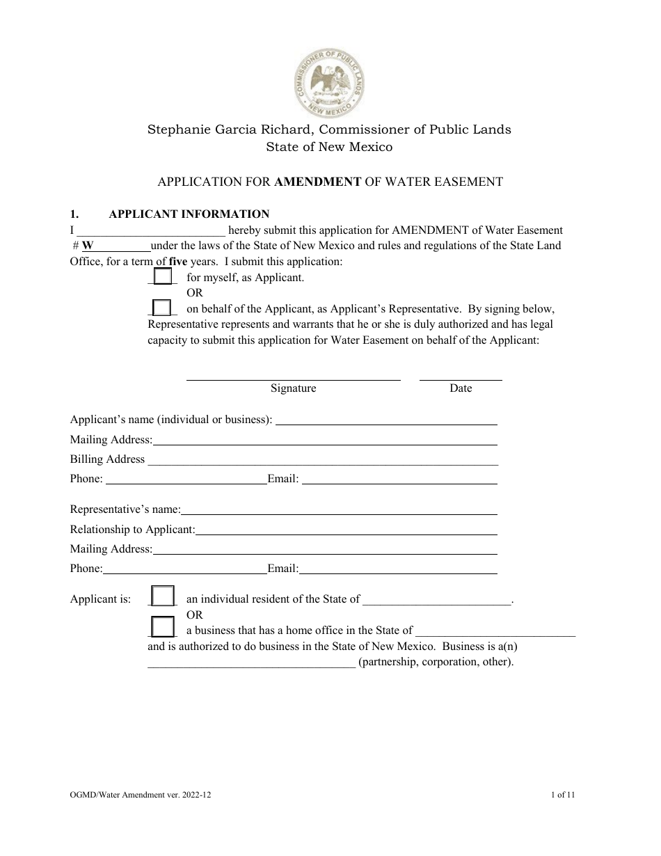New Mexico Application for Amendment of Water Easement - Fill Out, Sign Online and Download PDF ...