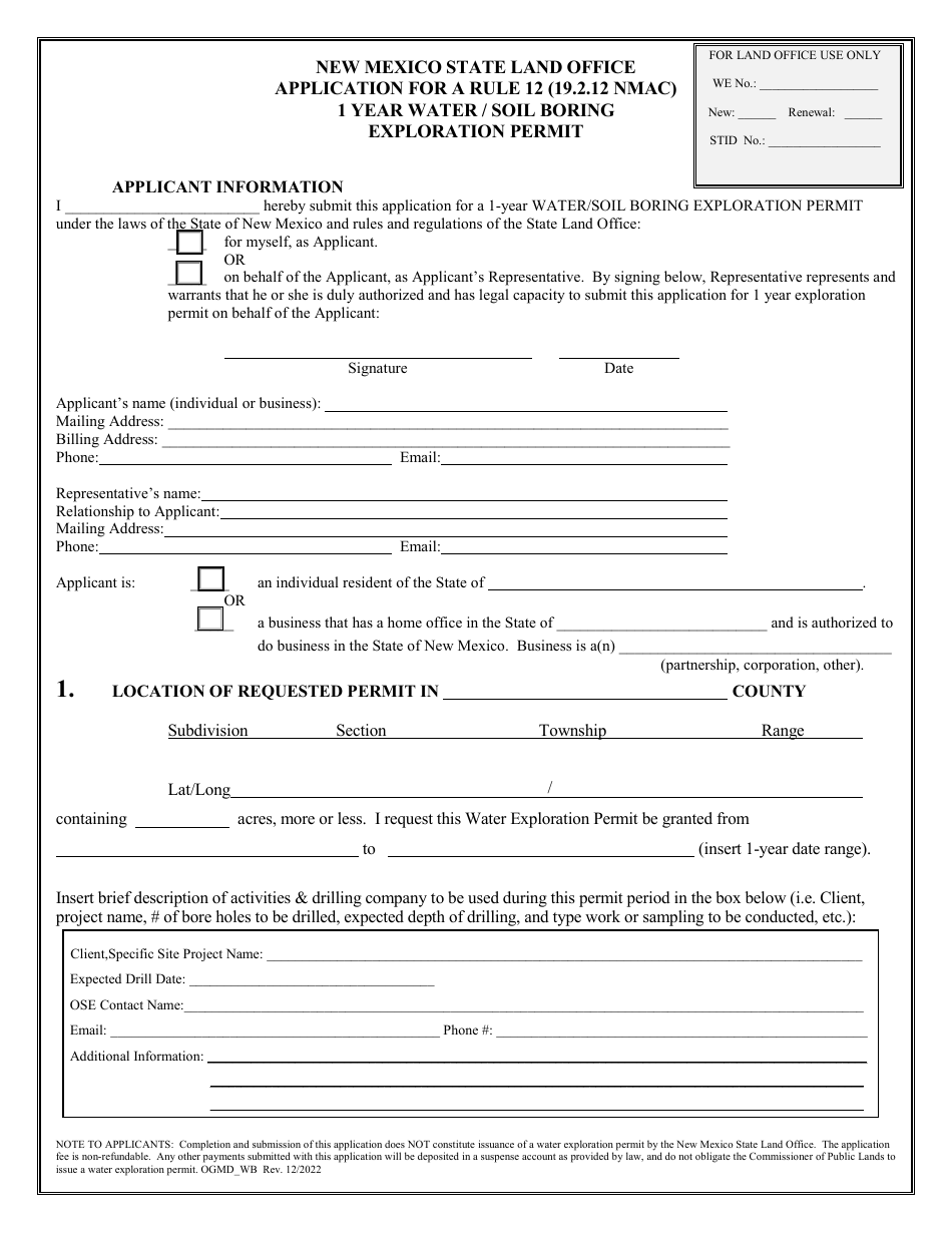 New Mexico Application for a Rule 12 (19.2.12 Nmac) - 1 Year Water/Soil ...