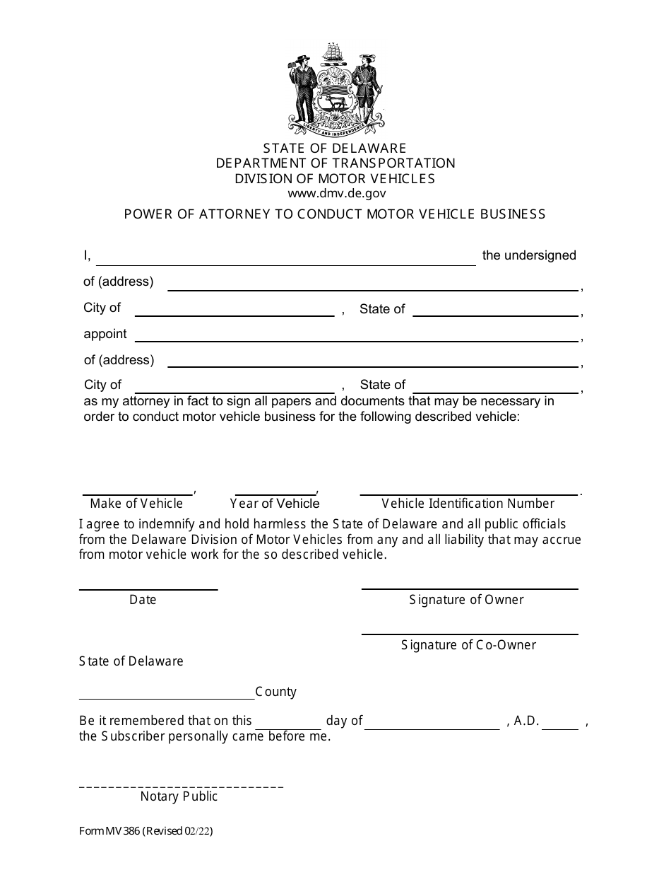 Form MV386 Download Fillable PDF or Fill Online Power of Attorney to ...