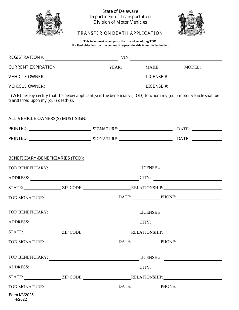 Form MV2025 - Fill Out, Sign Online and Download Fillable PDF, Delaware ...