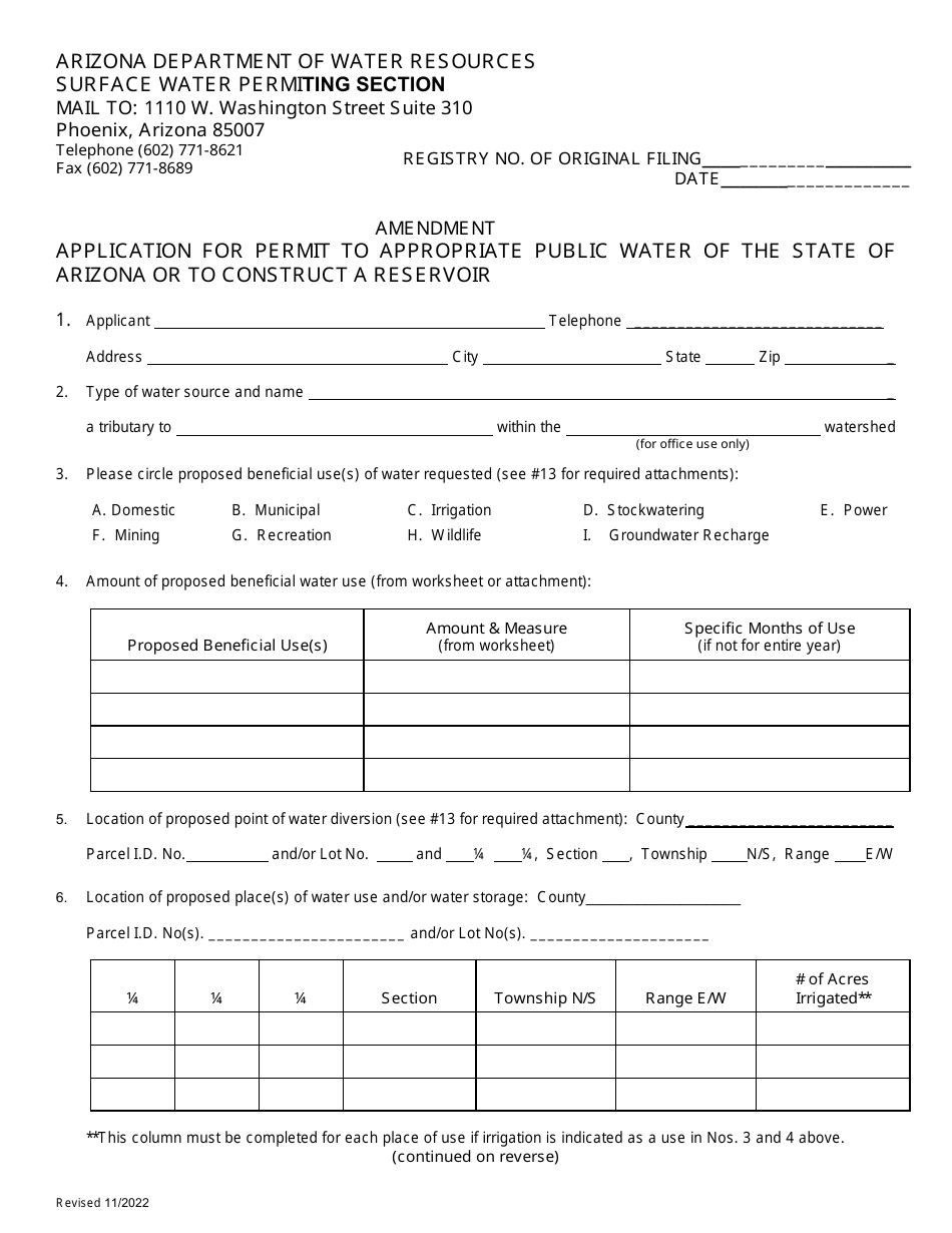 Arizona Application for Permit to Appropriate Public Water of the State ...