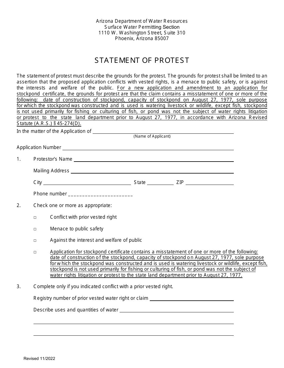 Arizona Statement of Protest Download Printable PDF | Templateroller