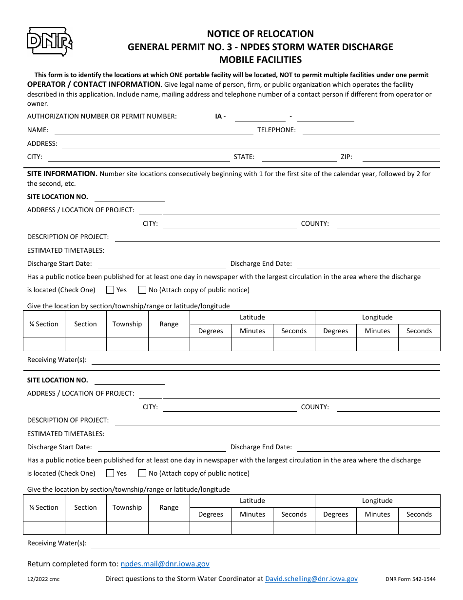 DNR Form 542-1544 Download Fillable PDF or Fill Online Notice of ...