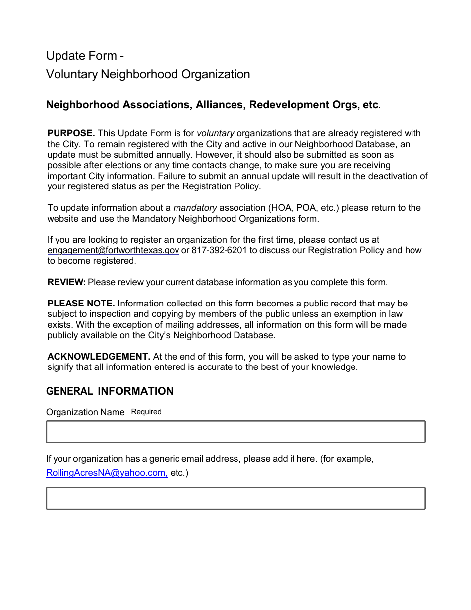 City of Fort Worth, Texas Update Form - Voluntary Neighborhood ...