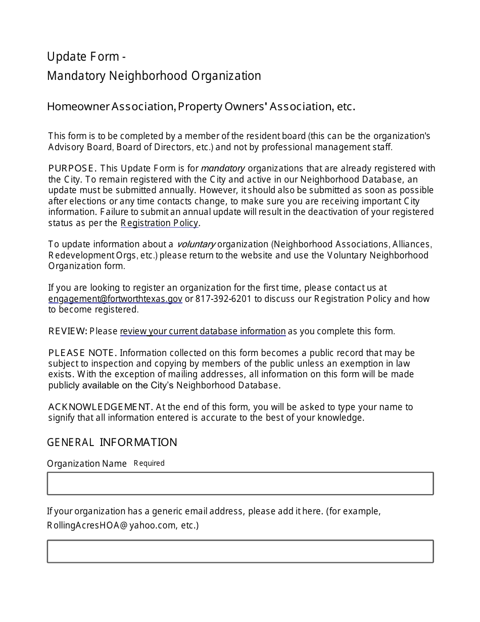 City of Fort Worth, Texas Update Form - Mandatory Neighborhood ...
