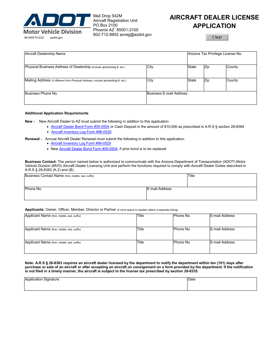 Form 96-0605 Download Fillable PDF or Fill Online Aircraft Dealer ...