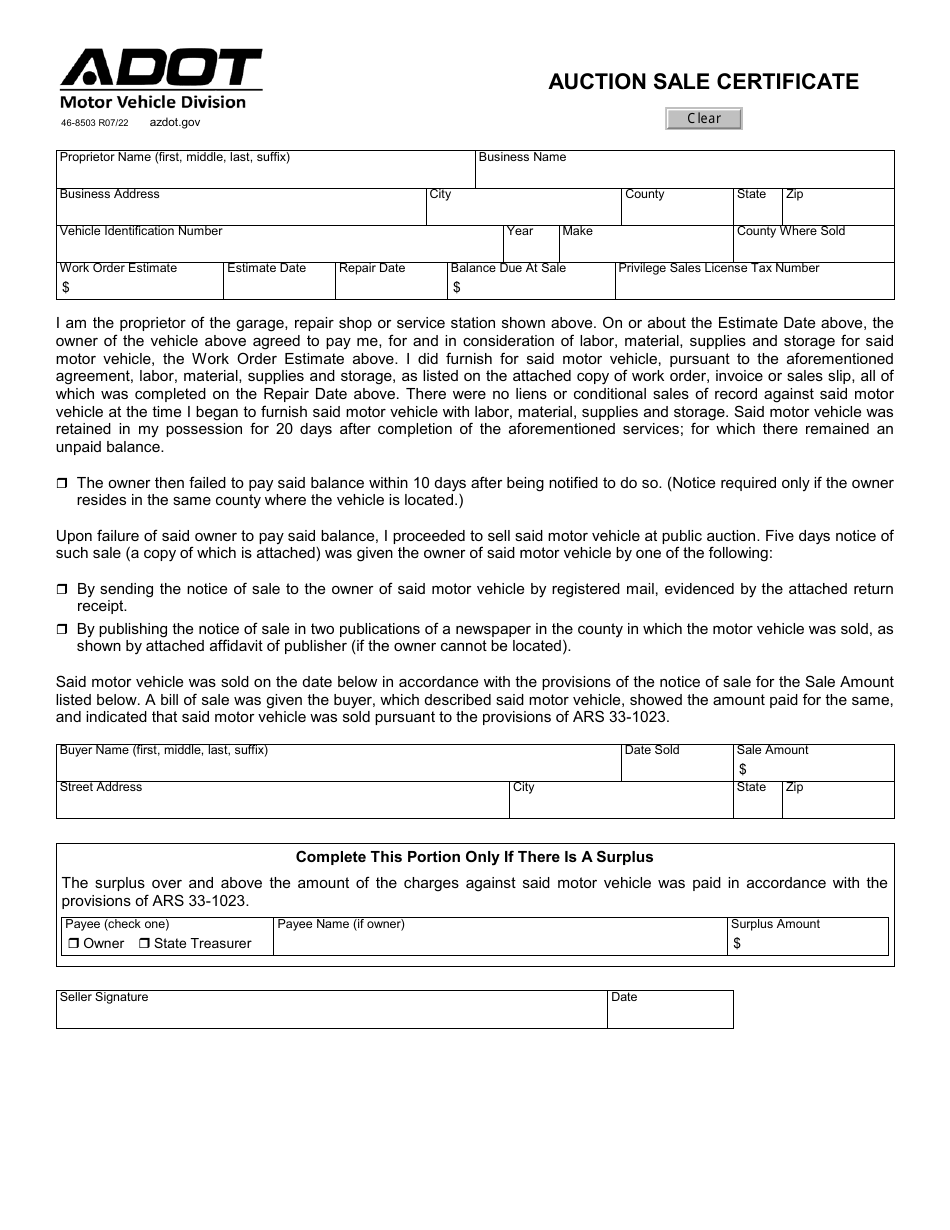 Form 46-8503 - Fill Out, Sign Online and Download Fillable PDF, Arizona ...